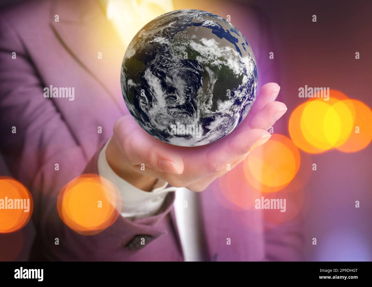 World in our hands. Woman holding digital model of Earth, closeup view ...