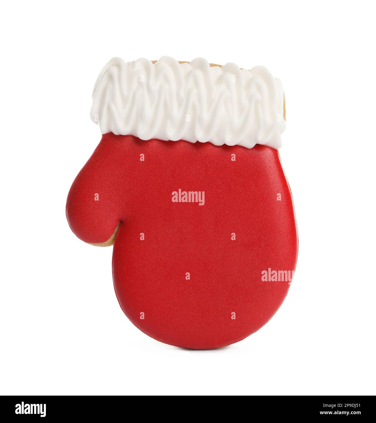 Tasty gingerbread cookie in shape of mitten on white background. St ...