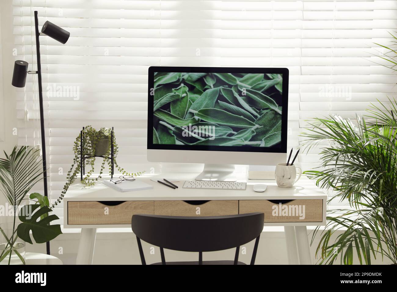 Comfortable workplace with modern computer and green plants in room ...