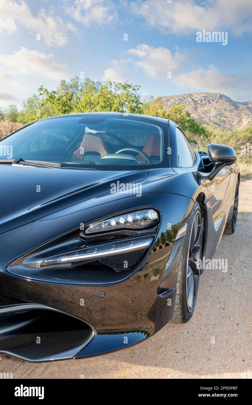 A partial front view of a black McLaren 720S, San Diego, California ...