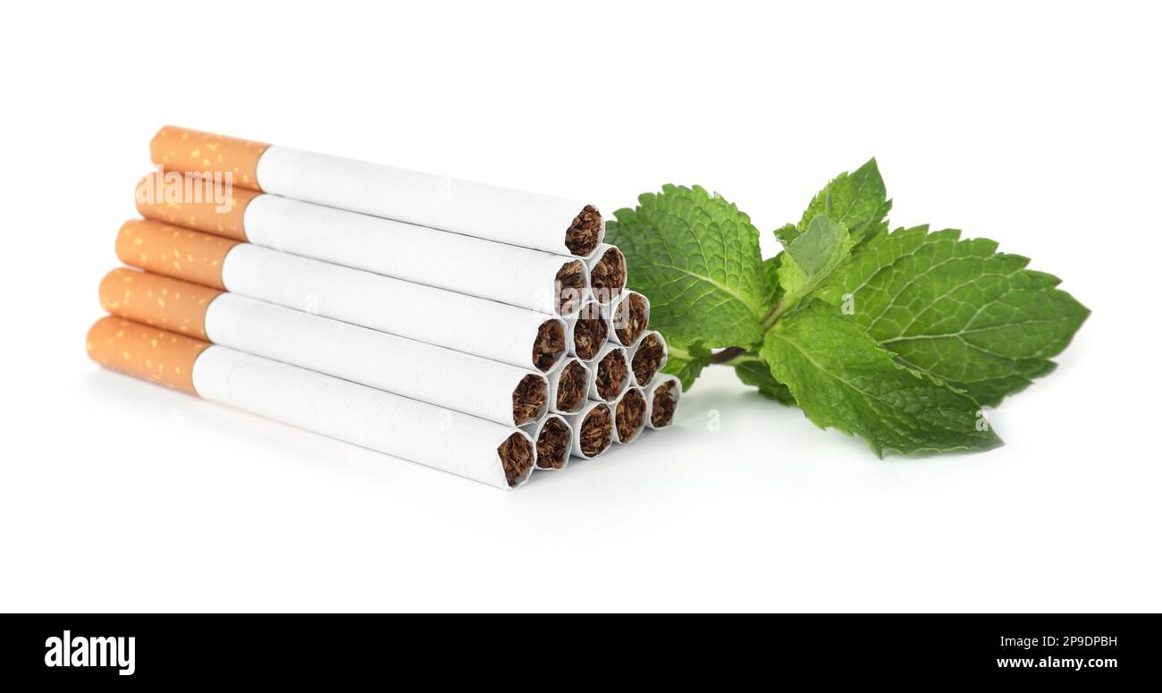 Menthol cigarettes and fresh mint leaves on white background Stock ...