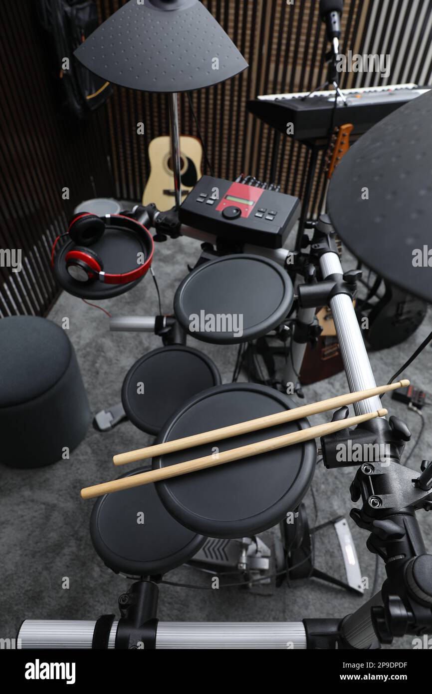 Electronic drum set at recording studio. Music band practice Stock ...