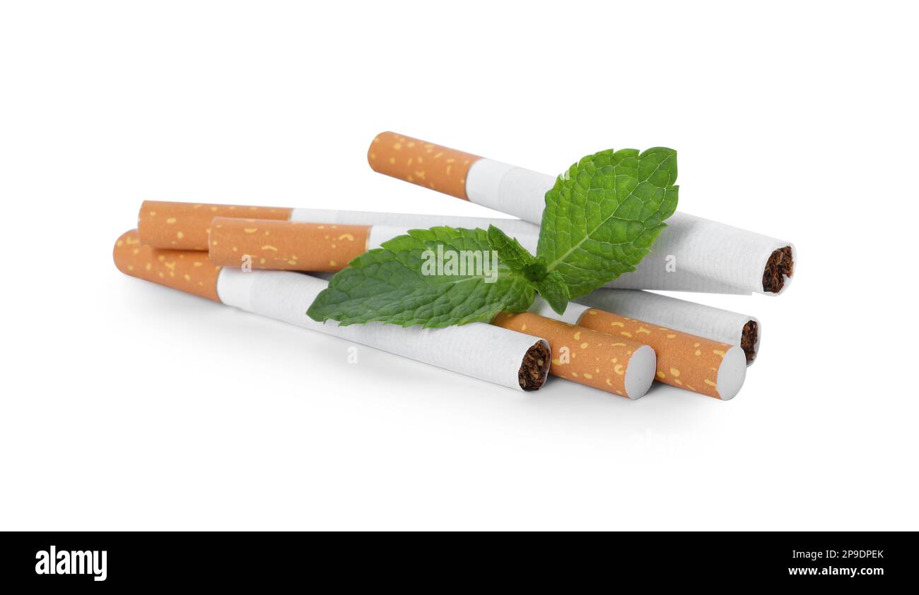 Menthol cigarettes and fresh mint leaves on white background Stock ...