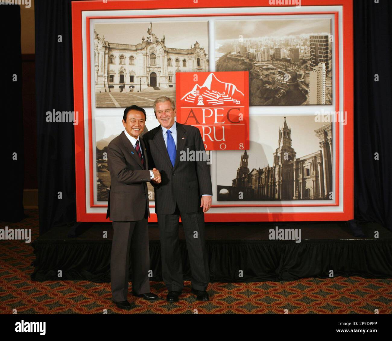 U.S. President George W. Bush with Prime Minister Taro Aso of Japan at ...