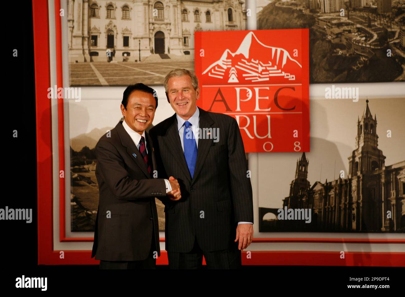 U.S. President George W. Bush with Prime Minister Taro Aso of Japan at ...
