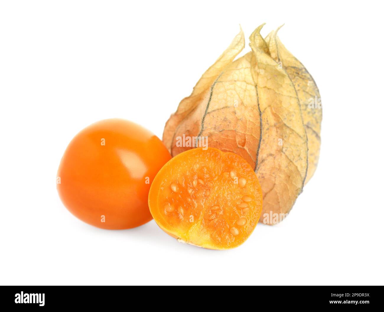 Cut and whole physalis fruits with dry husk on white background Stock ...