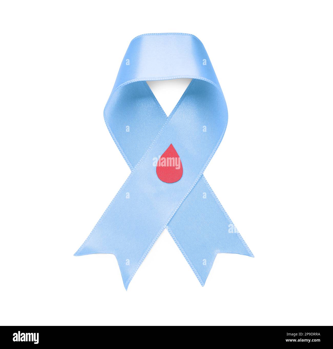 Light blue ribbon with paper blood drop on white background, top view ...