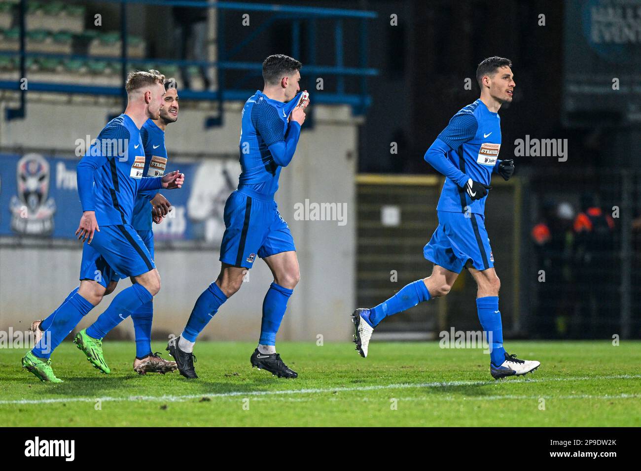 Lennard Hens (10) of Dender scores 1-0 and Dender can celebrate during ...