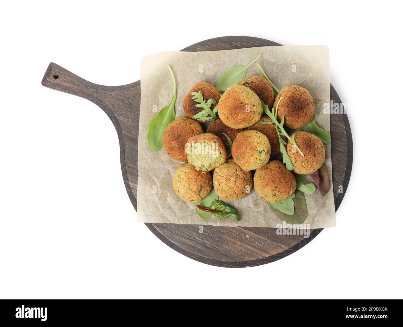 Delicious falafel balls with herbs on white background, top view Stock ...