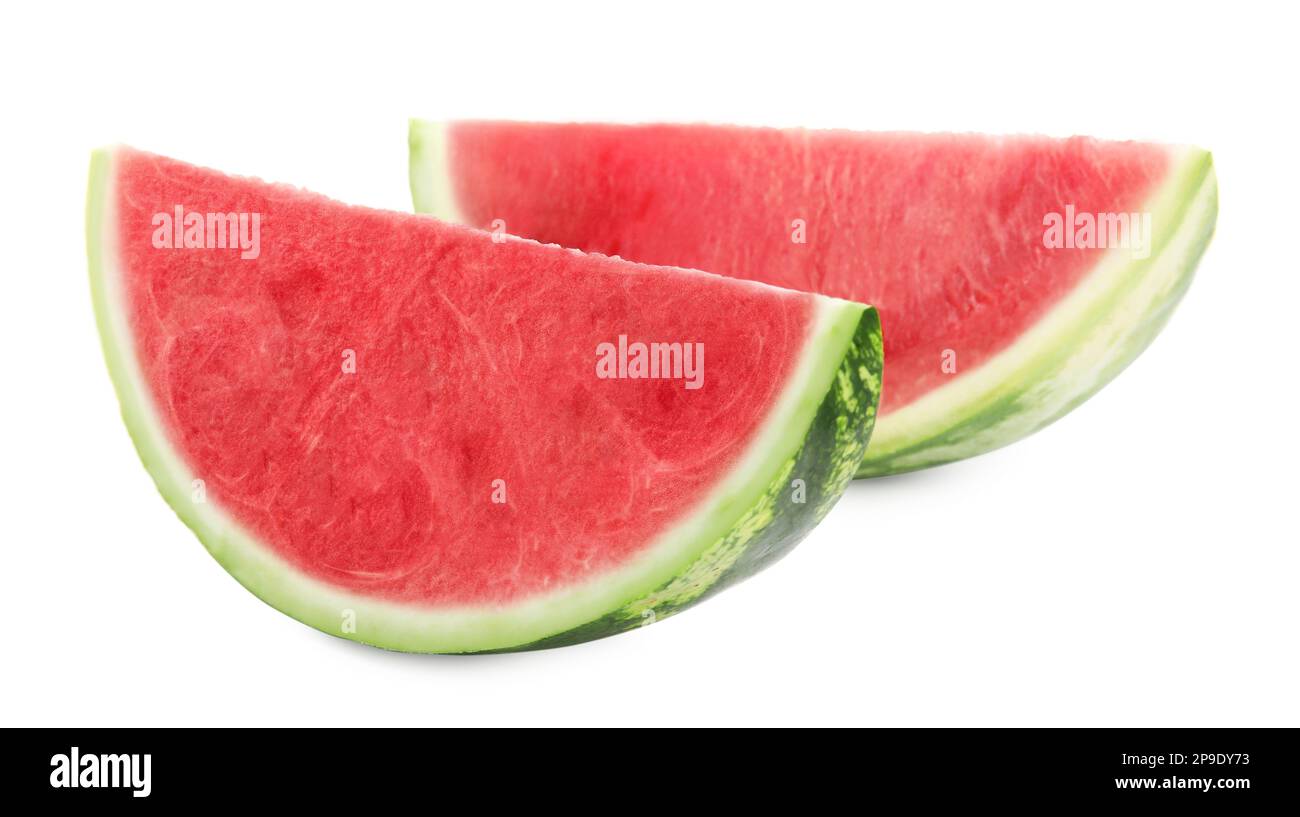 Slices of delicious ripe seedless watermelon on white background Stock ...