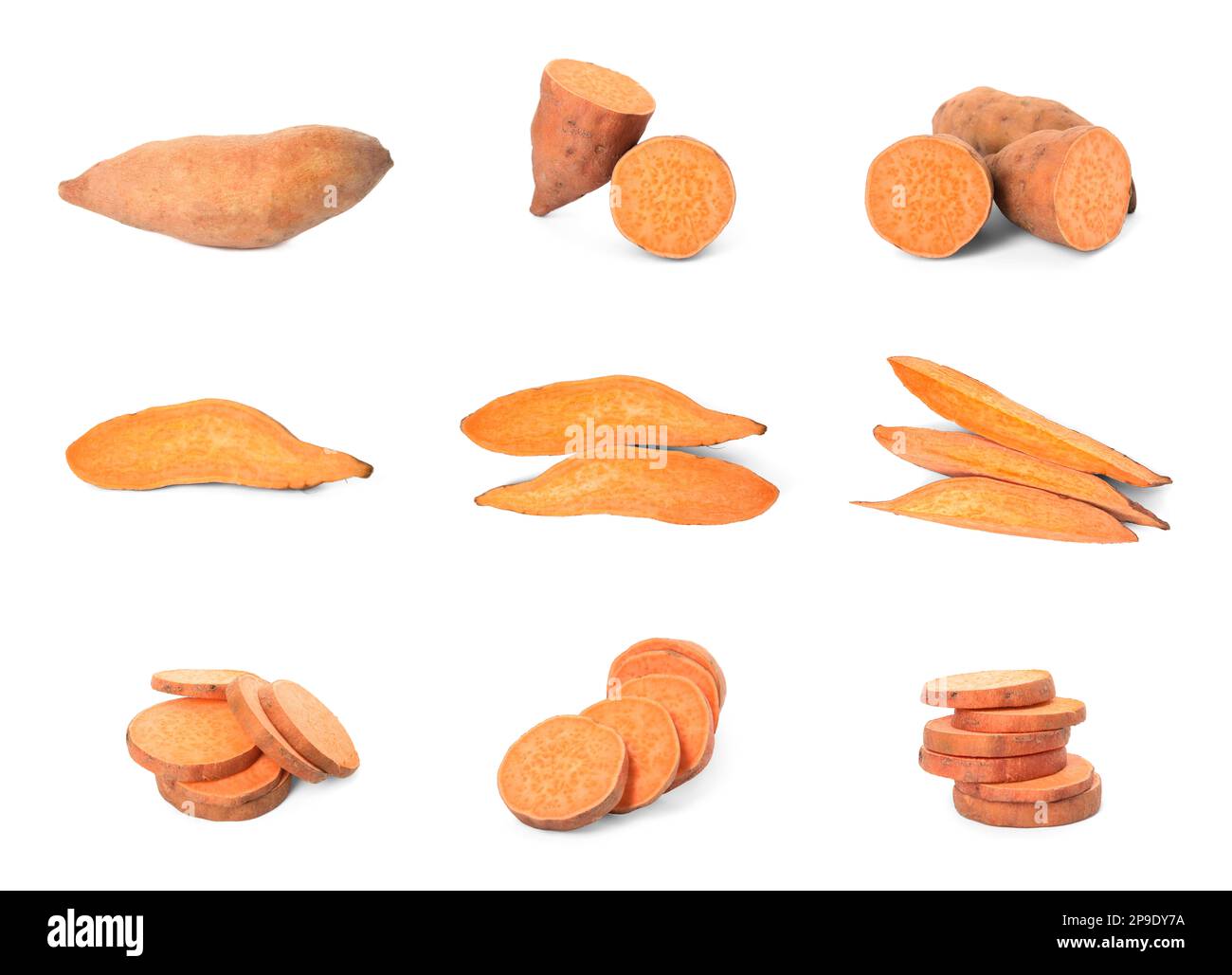 Set with whole and cut ripe sweet potatoes on white background Stock ...