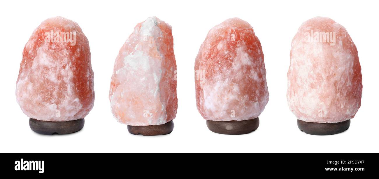 Set with pink Himalayan salt lamps on white background. Banner design ...