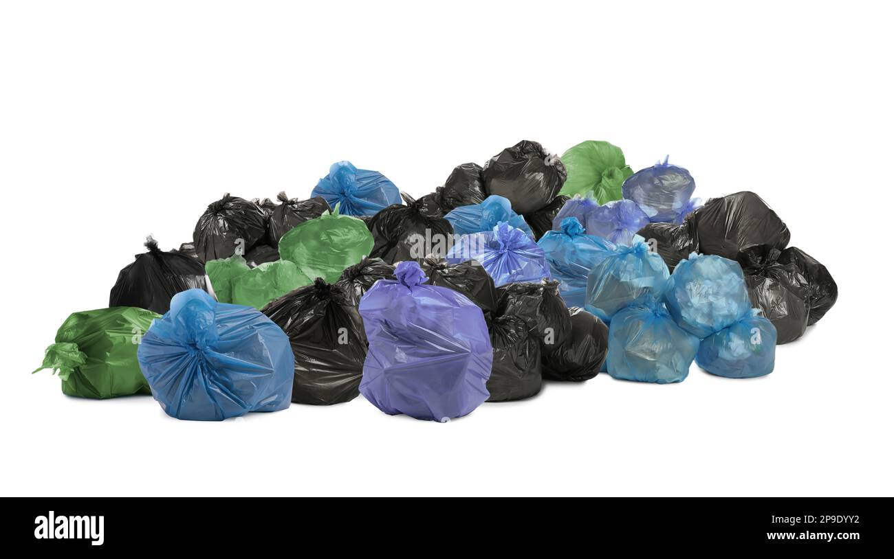 Big heap of trash bags with garbage on white background Stock Photo - Alamy