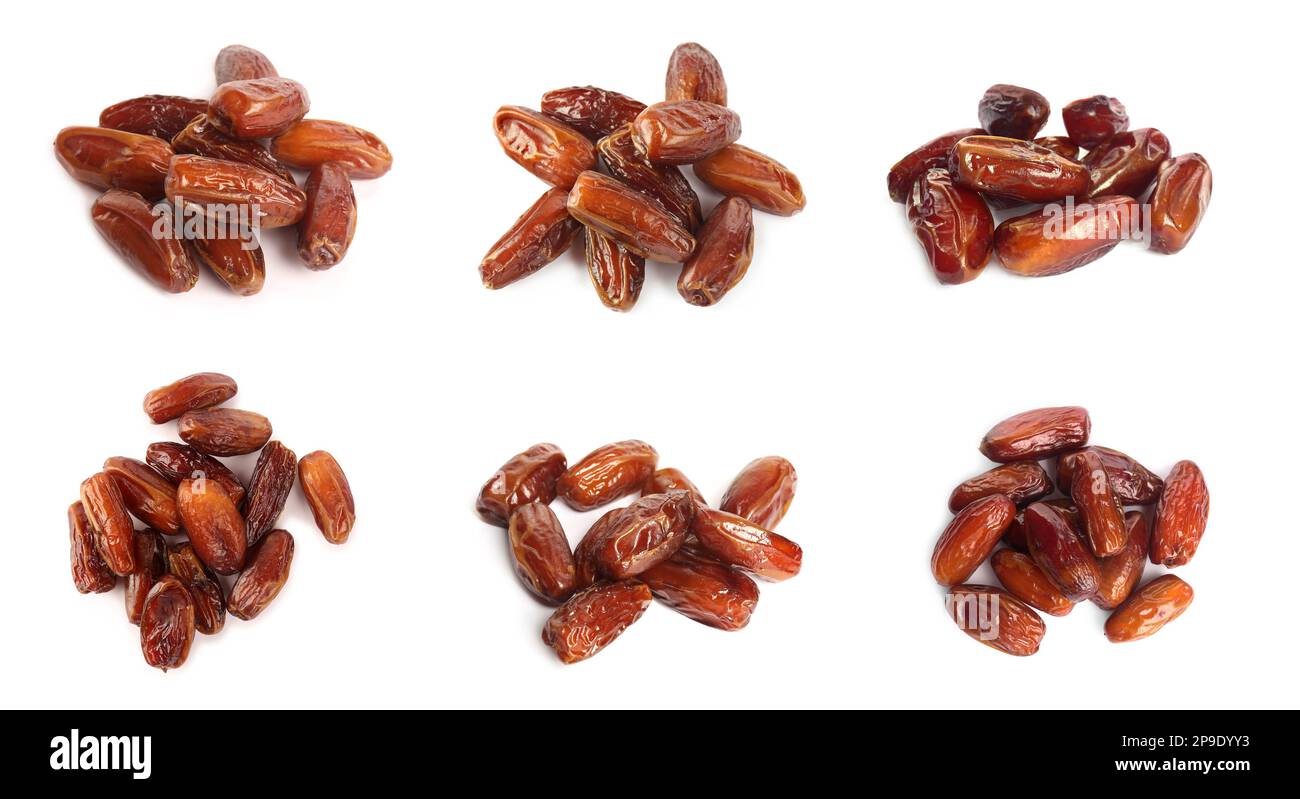 Set with tasty dried dates on white background. Banner design Stock ...