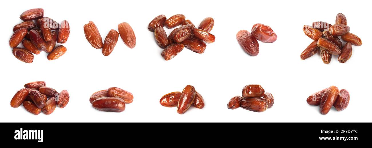 Set with tasty dried dates on white background. Banner design Stock ...