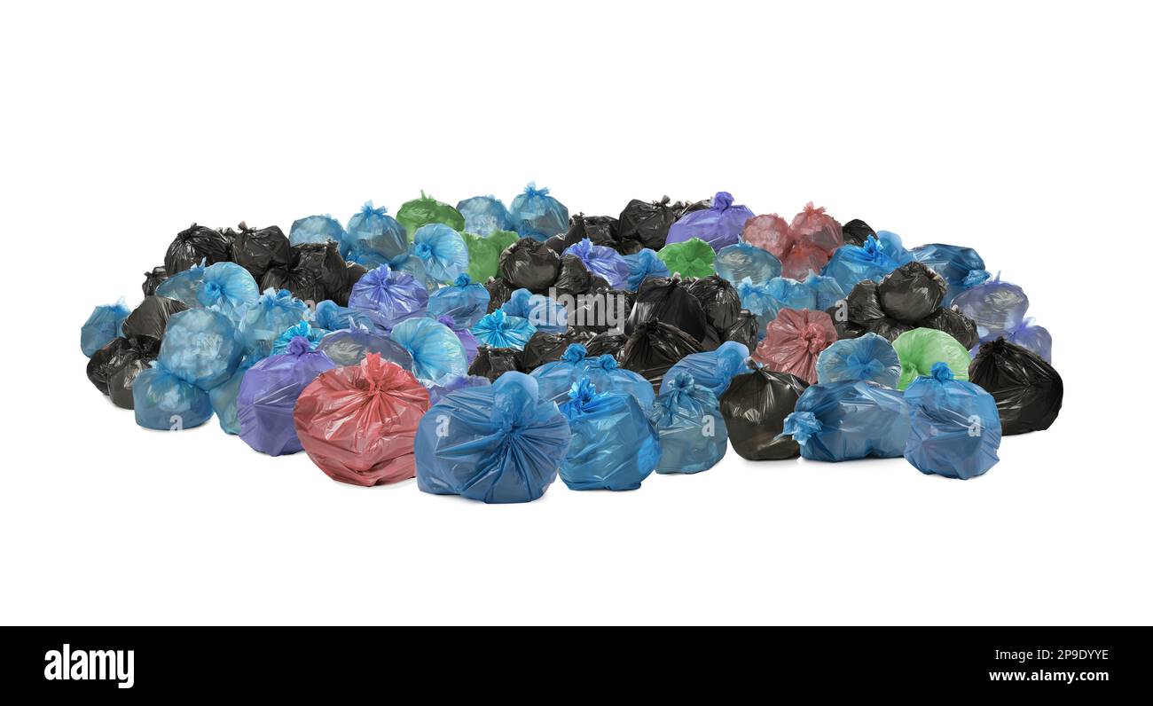 Big heap of trash bags with garbage on white background Stock Photo - Alamy