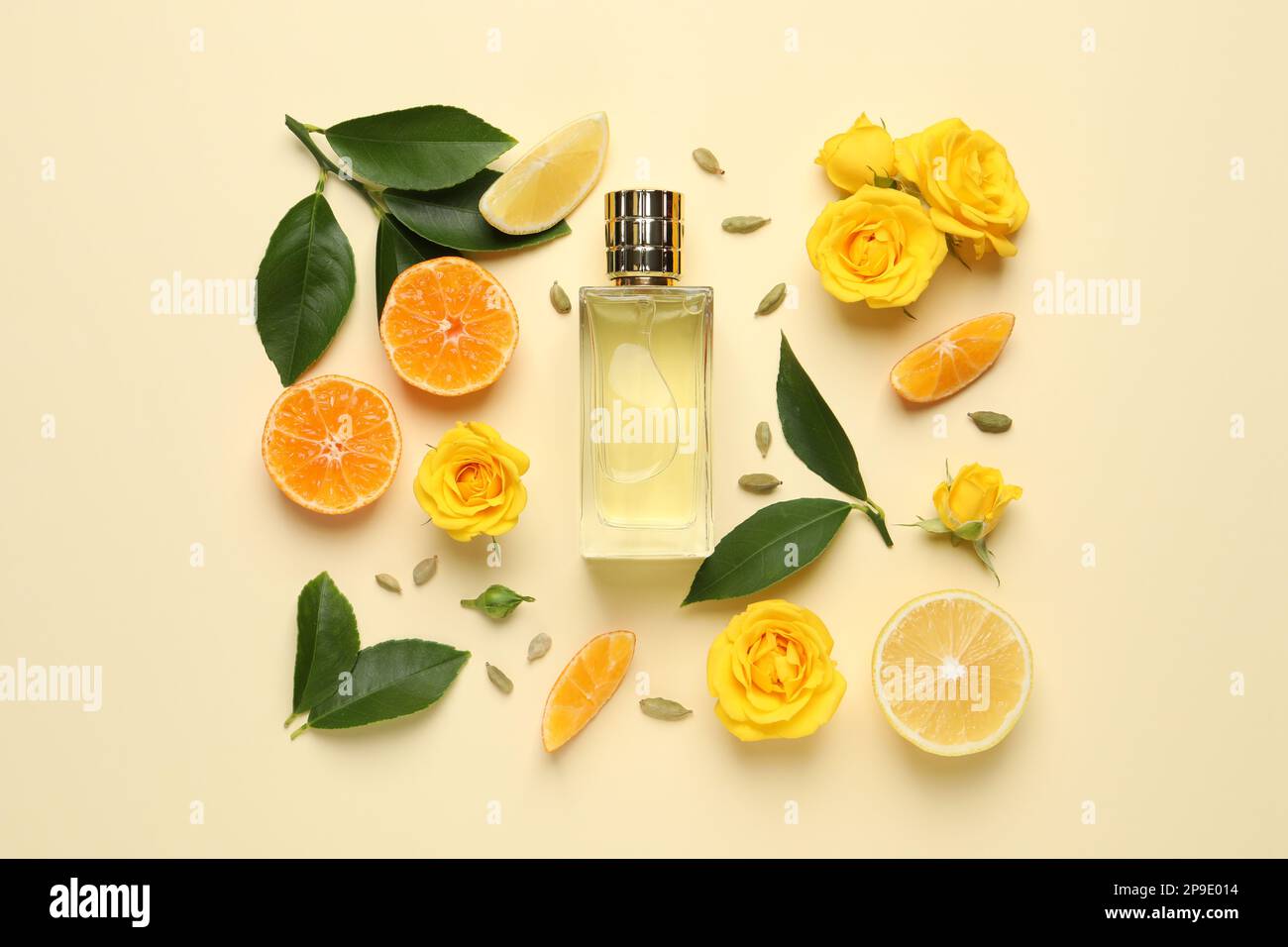 Flat lay composition with bottle of perfume and fresh citrus fruits on ...