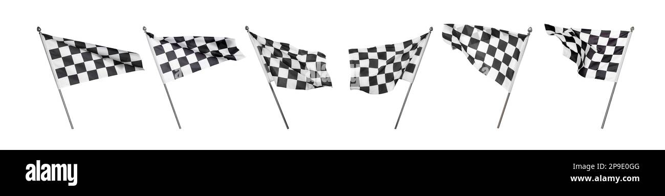 Checkered racing finish flags on white background, collage. Banner ...