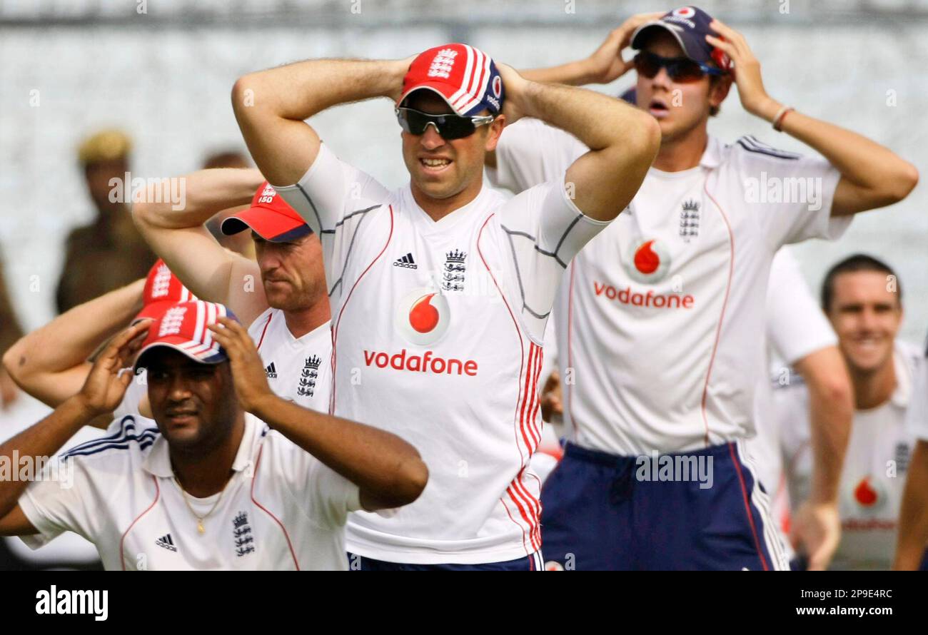 England's cricket players, from left, Samit Patel, Paul Collingwood ...