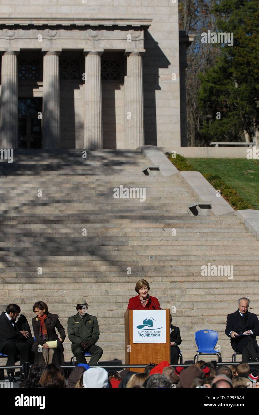 First lady Laura Bush gives a speech at the Abraham Lincoln Birthplace ...