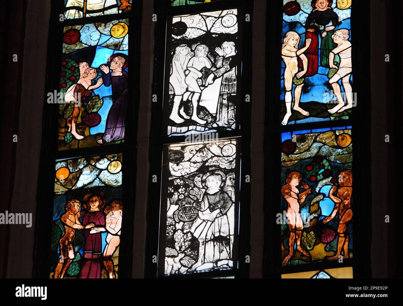 The colourless glass shows where some of the final six panels belong ...