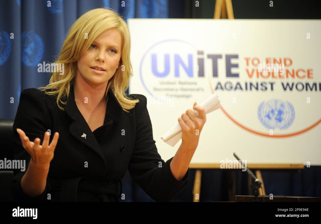 Charlize Theron addresses a news conference about her role as a United ...