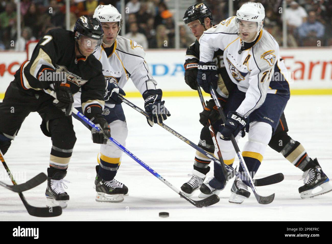Anaheim Ducks' Brendan Morrison, left, and Todd Marchant battle for the ...