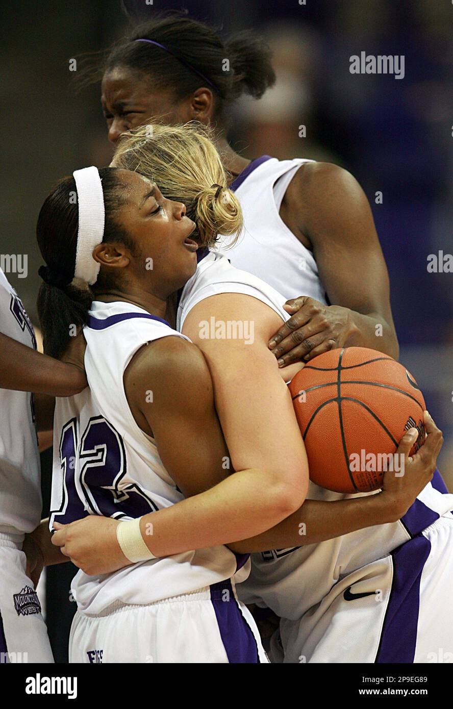 TCU guard TK LaFleur (12) celebrates with her teammates after they beat ...