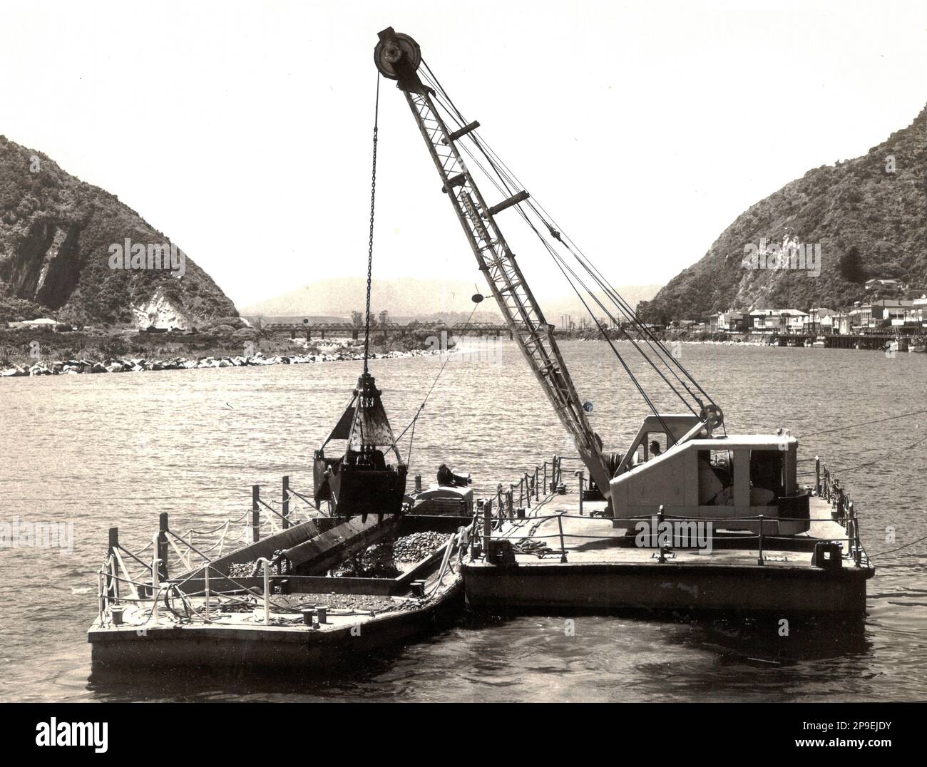 Floating dredge at work in the Grey River, Greymouth, Westland, New ...