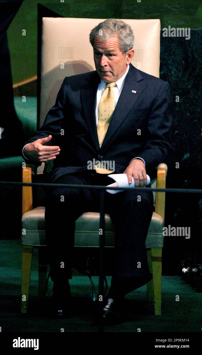 President George W. Bush gestures after speaking at United Nations ...
