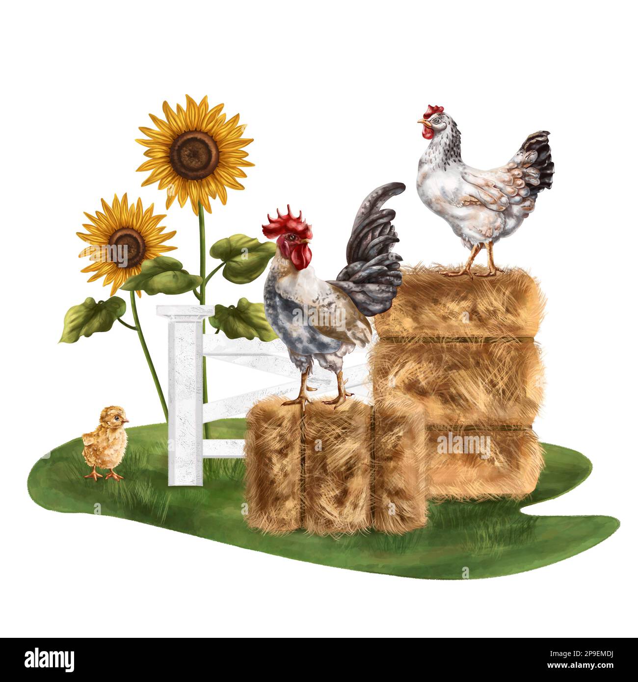 A farmer's composition of stacks of fragrant hay, colorful sunflowers ...