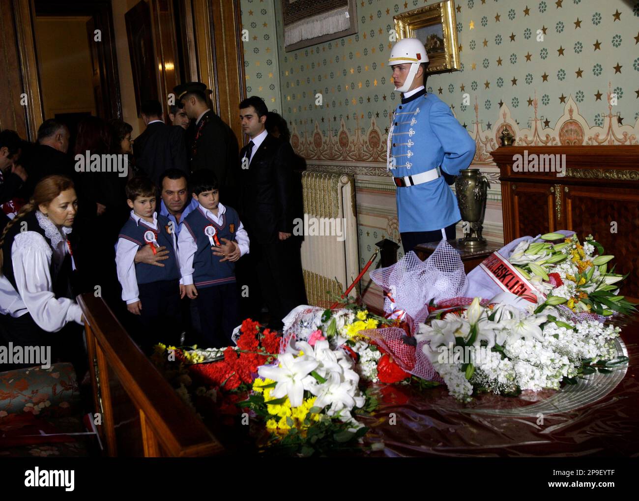 A guard of honor stands guard next to the death bed of Ataturk at the ...