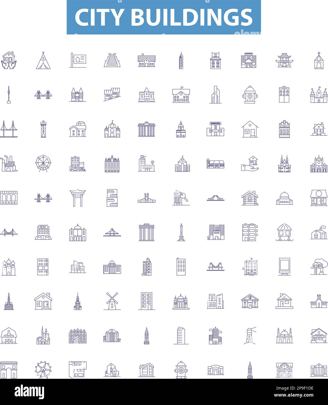 City buildings line icons, signs set. Skyscrapers, Towers, Complexes ...