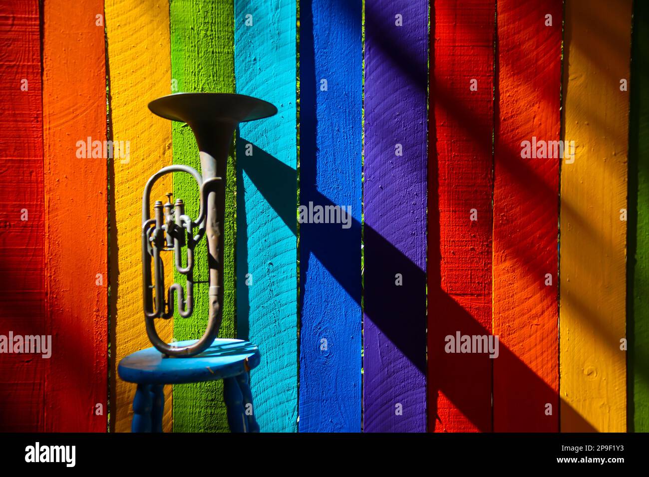 Horn Shadow On Rainbow Fence Stock Photo - Alamy