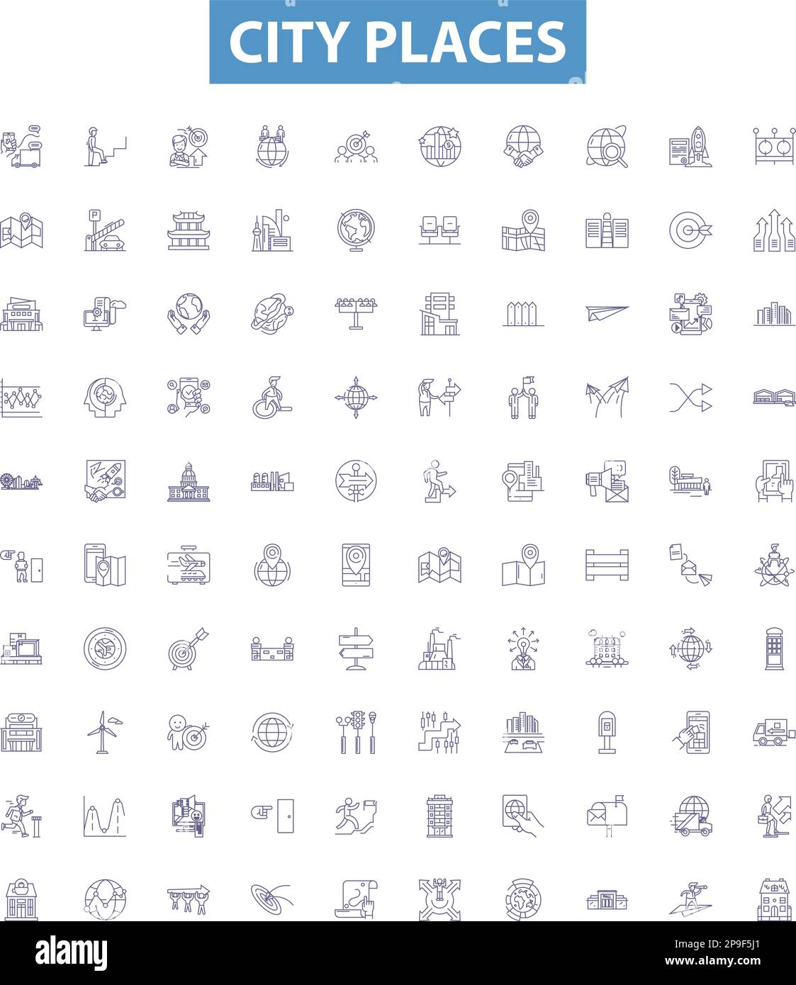 City places line icons, signs set. Town, Metropolis, Village, Borough ...