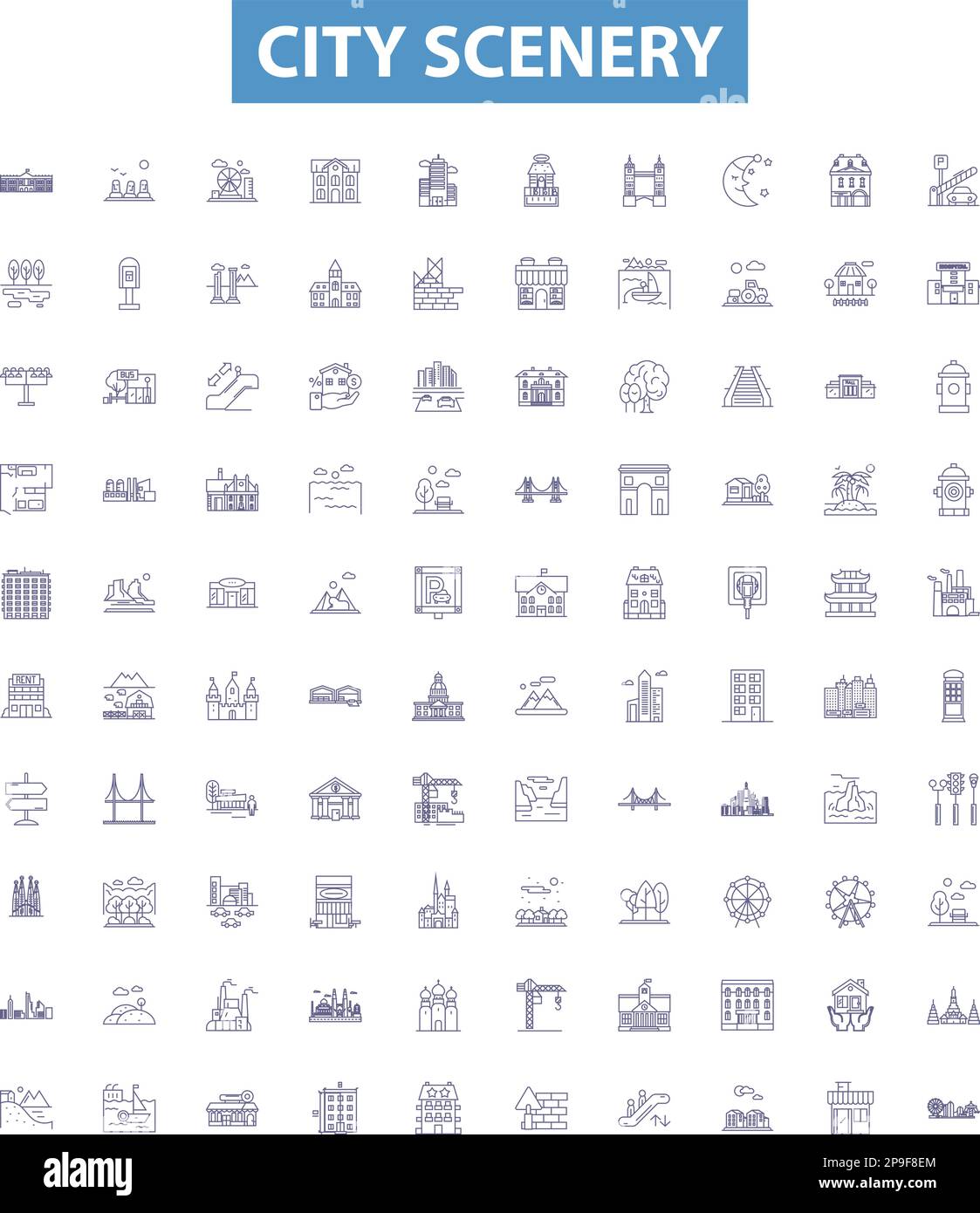 City scenery line icons, signs set. Urban, Buildings, Streets ...