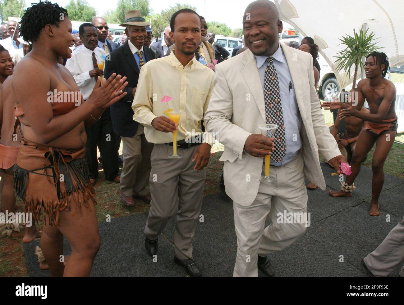 Tribal Bafokeng dancers entertain guests at a sod-turning event at the ...