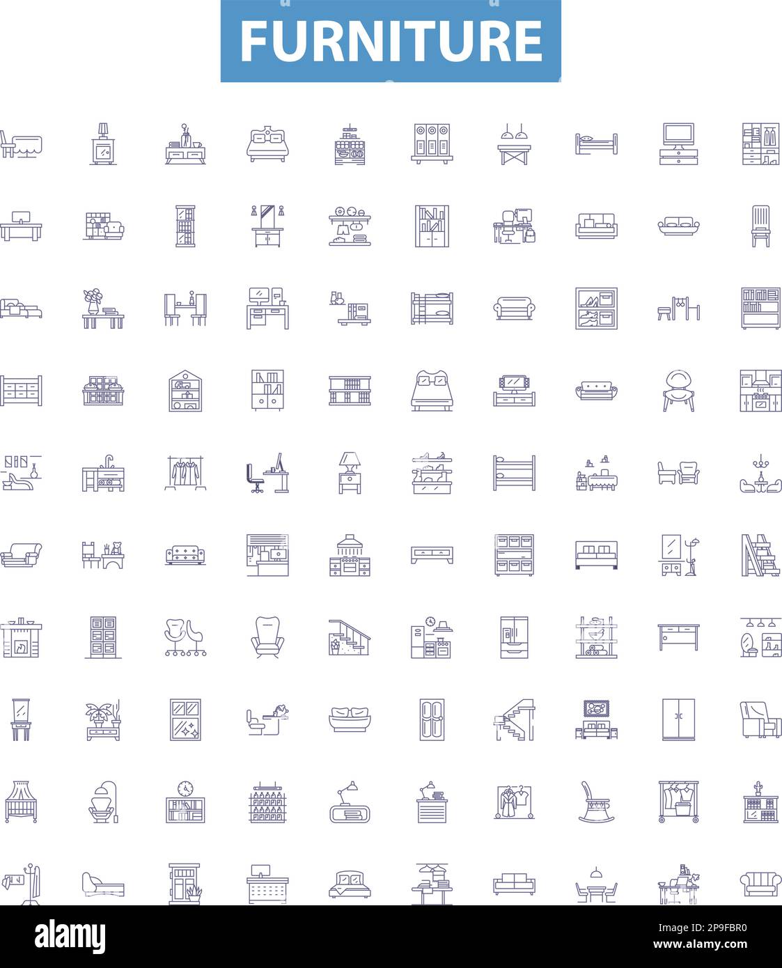 Furniture line icons, signs set. Chair, Table, Desk, Couch, Sofa, Bed ...