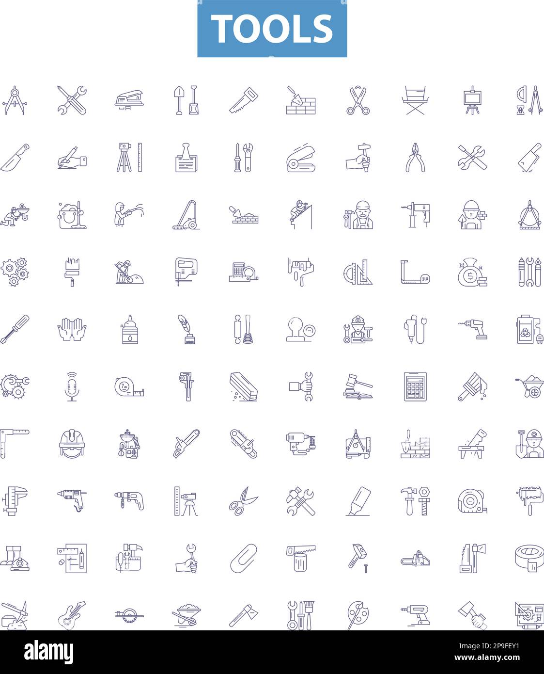 Tools line icons, signs set. Spanner, Wrench, Hammer, Pliers, Drill ...