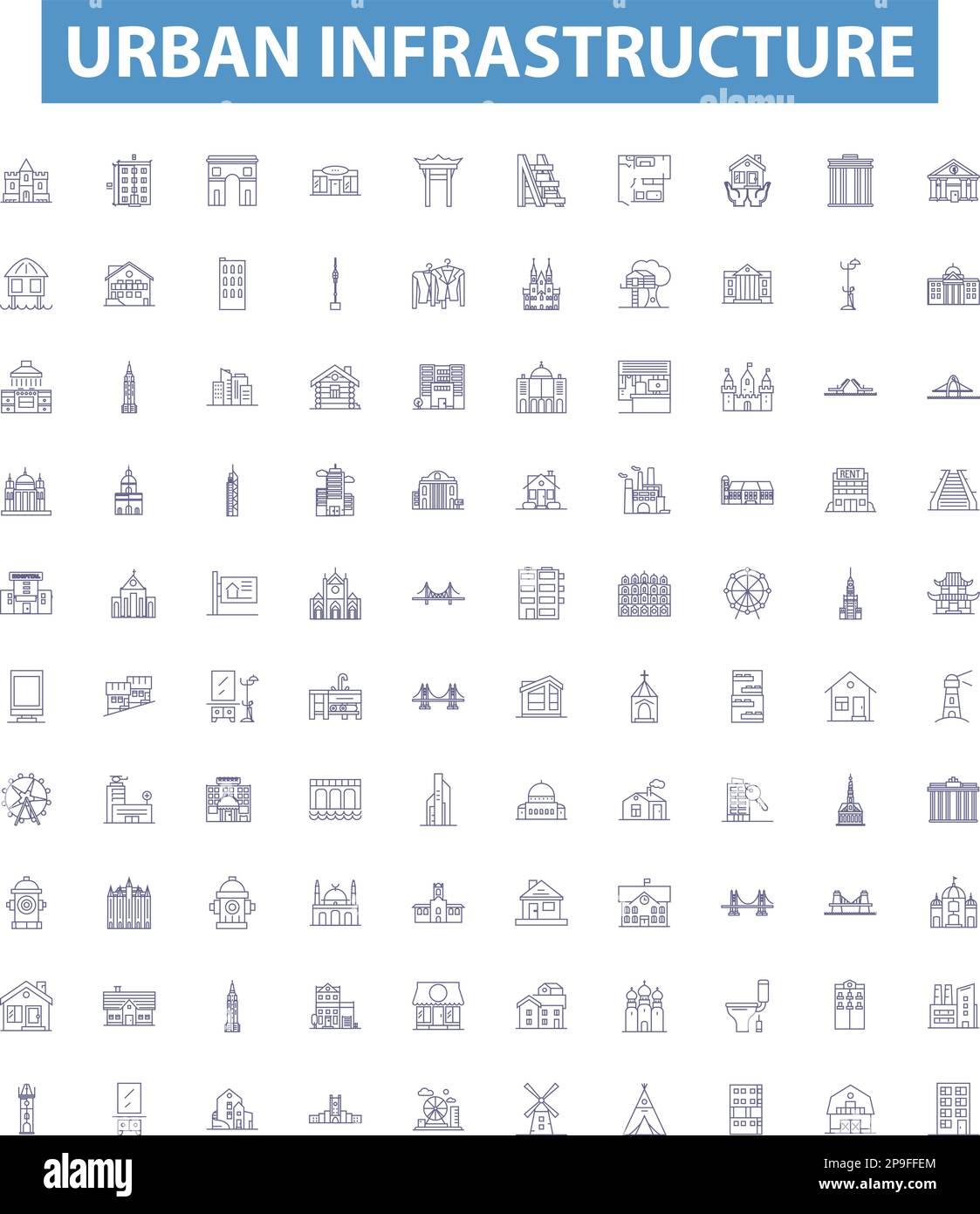 Urban infrastructure line icons, signs set. Cityscape, Roads, Bridges ...