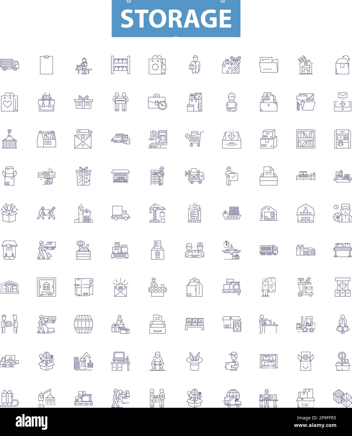 Storage line icons, signs set. Storage, preservation, stocking, stockpiling, keeping, cache ...