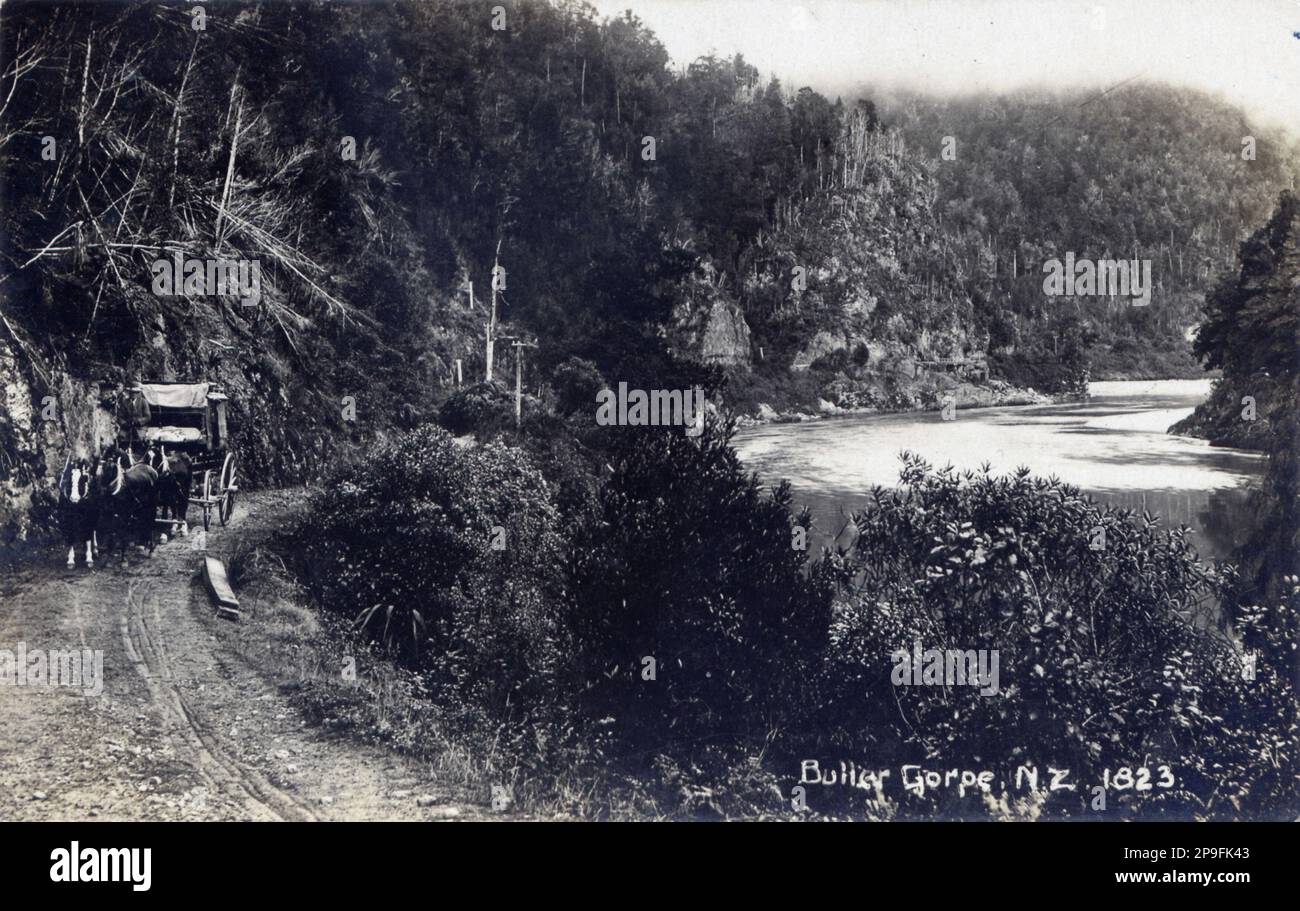 Stagecoach on the road through Buller Gorge near Westport, Westland ...