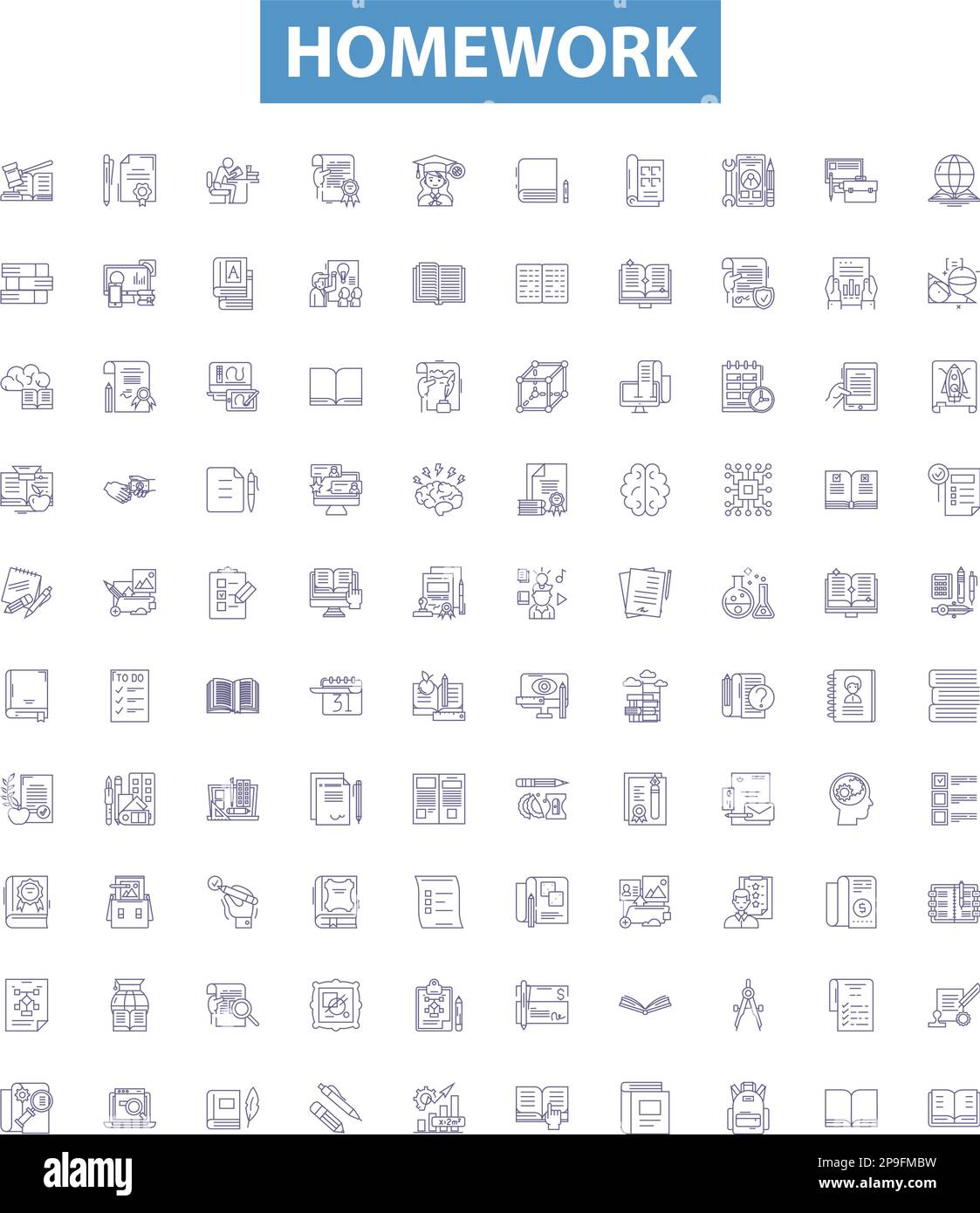 Homework line icons, signs set. Studies, Assignments, Exercises, Tasks, Projects, Drills ...