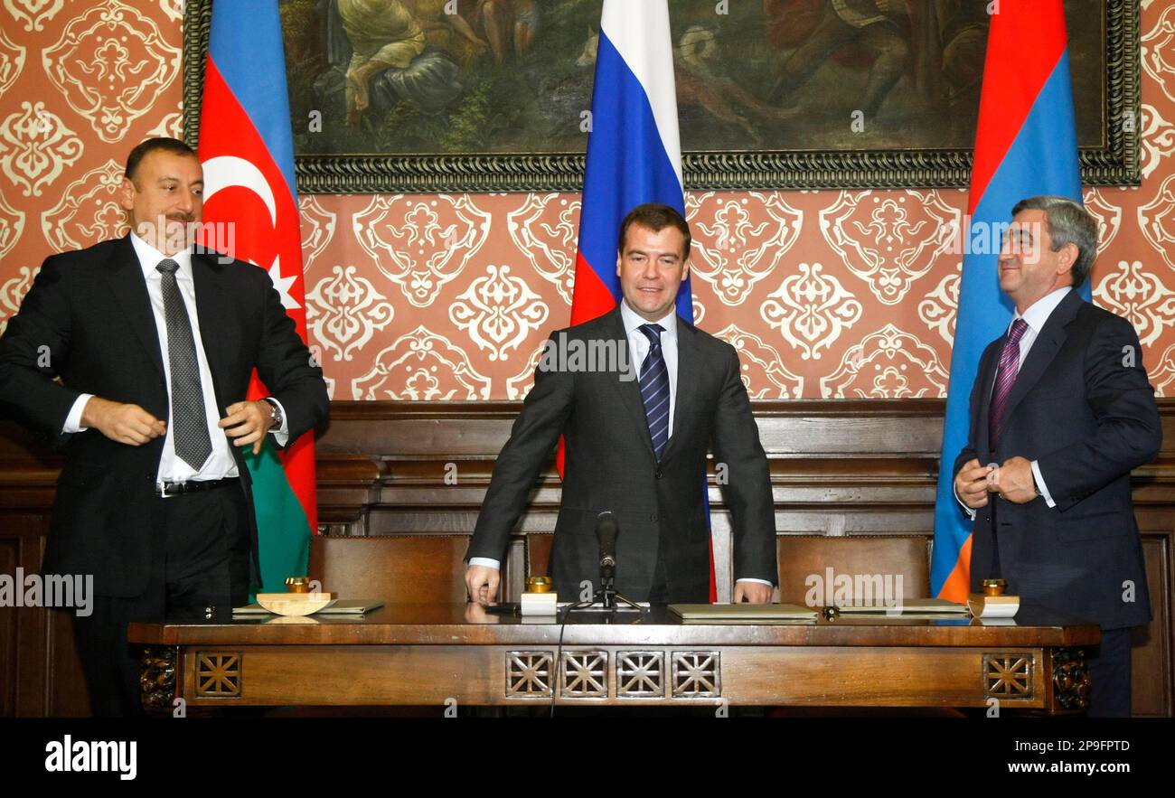 Russian President Dmitry Medvedev, center, Armenian President Serge ...