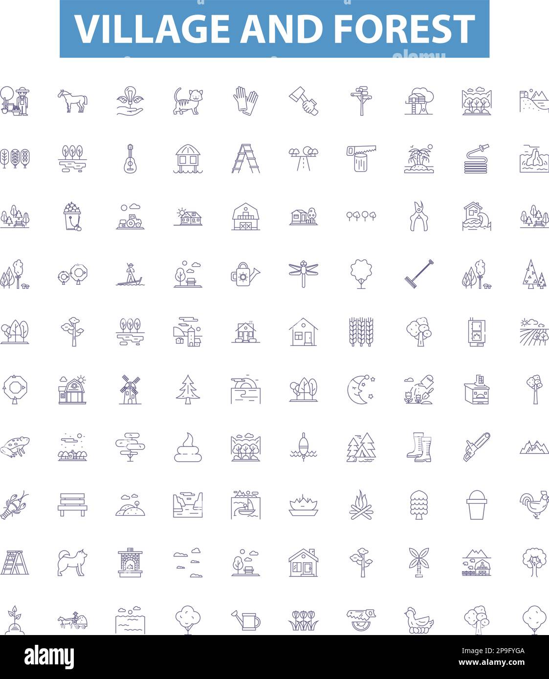 Village and forest line icons, signs set. Village, Forest, Rural ...