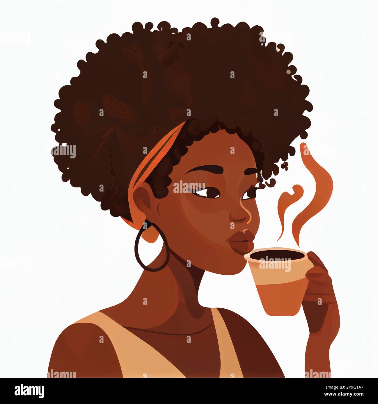 vector illustration of african woman drinking hot coffee or tea isolate ...