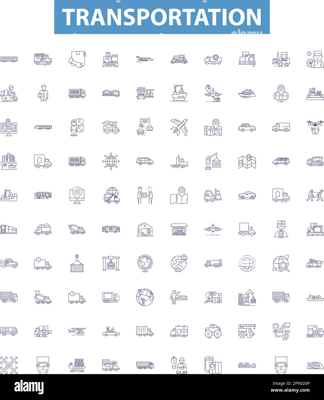 Transportation outline icons collection. Train, Bus, Plane, Taxi, Ferry ...