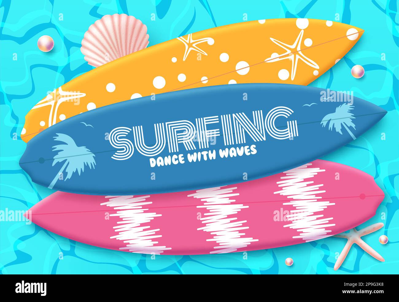 Summer surfing vector design. Surfing dance with waves text in ...
