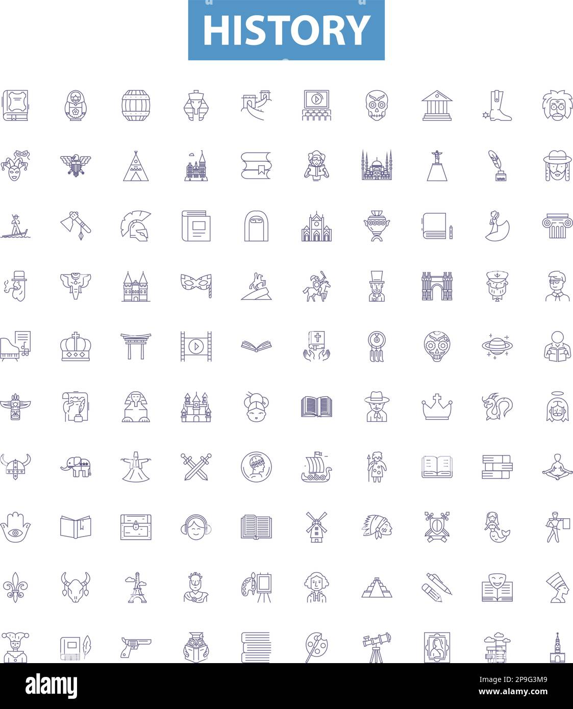 History line icons, signs set. Past, Era, Age, Chronicle, Annals, Antiquity, Time, Memory ...