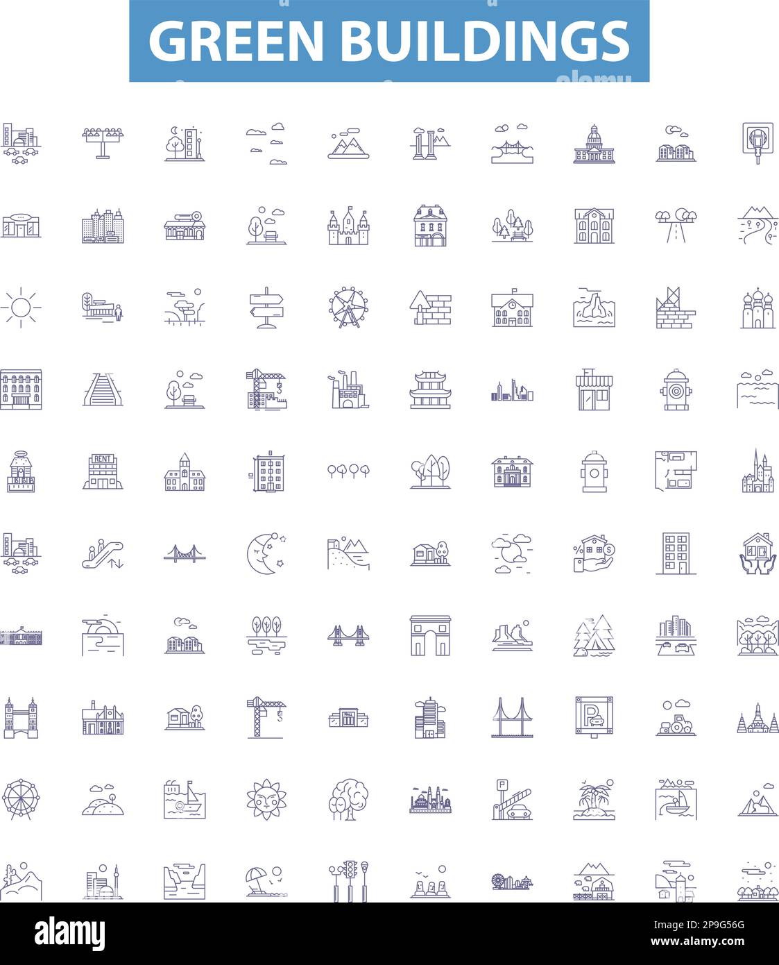 Green buildings line icons, signs set. Ecological, Sustainable ...